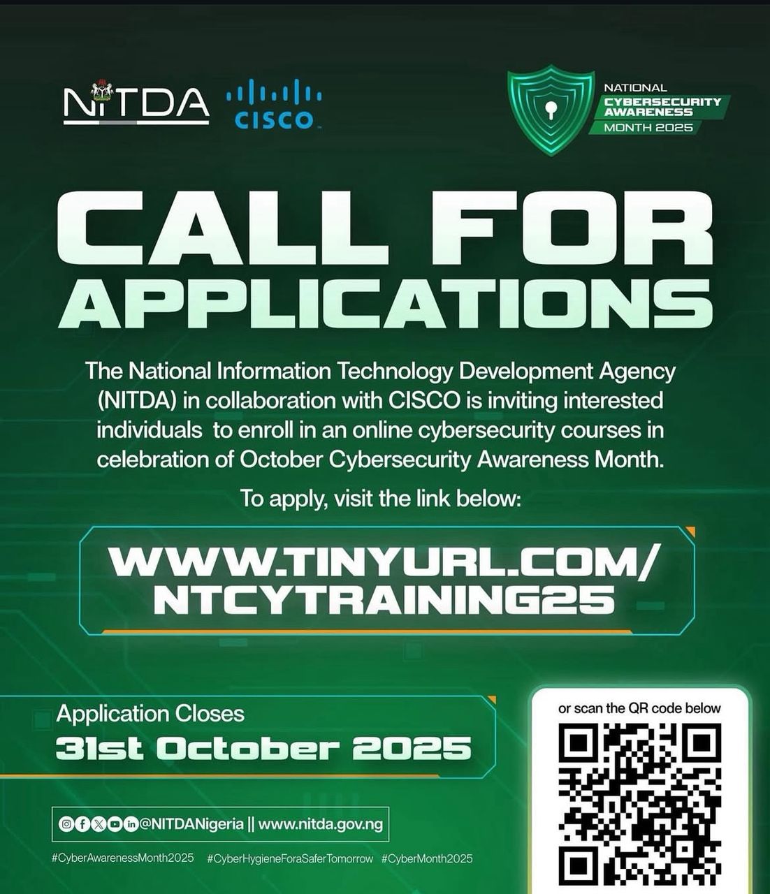 NITDA, in collaboration with CISCO, is offering free online cybersecurity training this October ...
